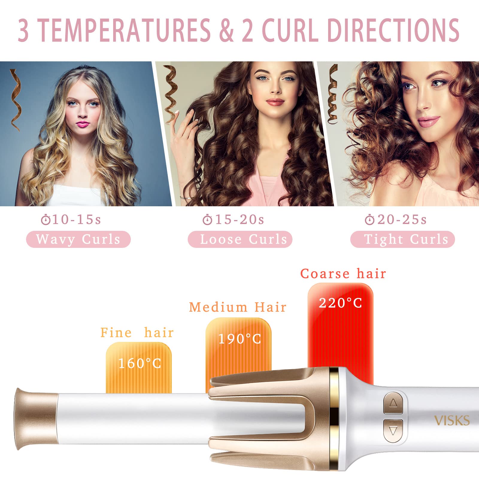 VISKS Auto Ceramic-ion Hair Curler, Super Easy-to-use 1 inch Automatic Curling Iron with 1" Barrel & 3 Temps Settings, Auto Shut-Off, Rotating Curling Wand