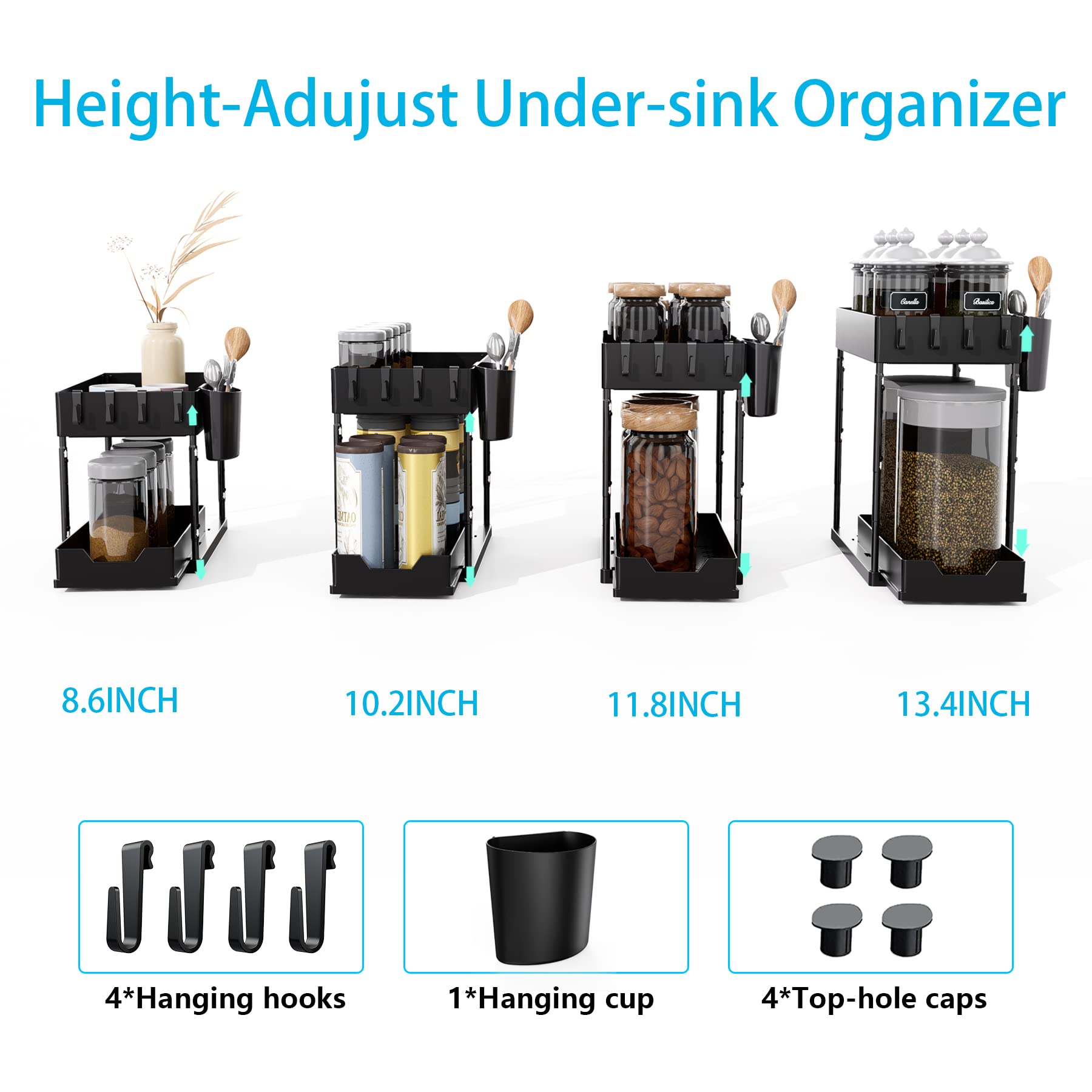 Under Sink Organizers and Storage - Adjustable Height Sliding 2-Tier Pull Out Drawer Rack Multi-Purpose Under Sink Shelf Organizer for Kitchen Bathroom Under Counter Cabinet Storage (Black-2pcs)