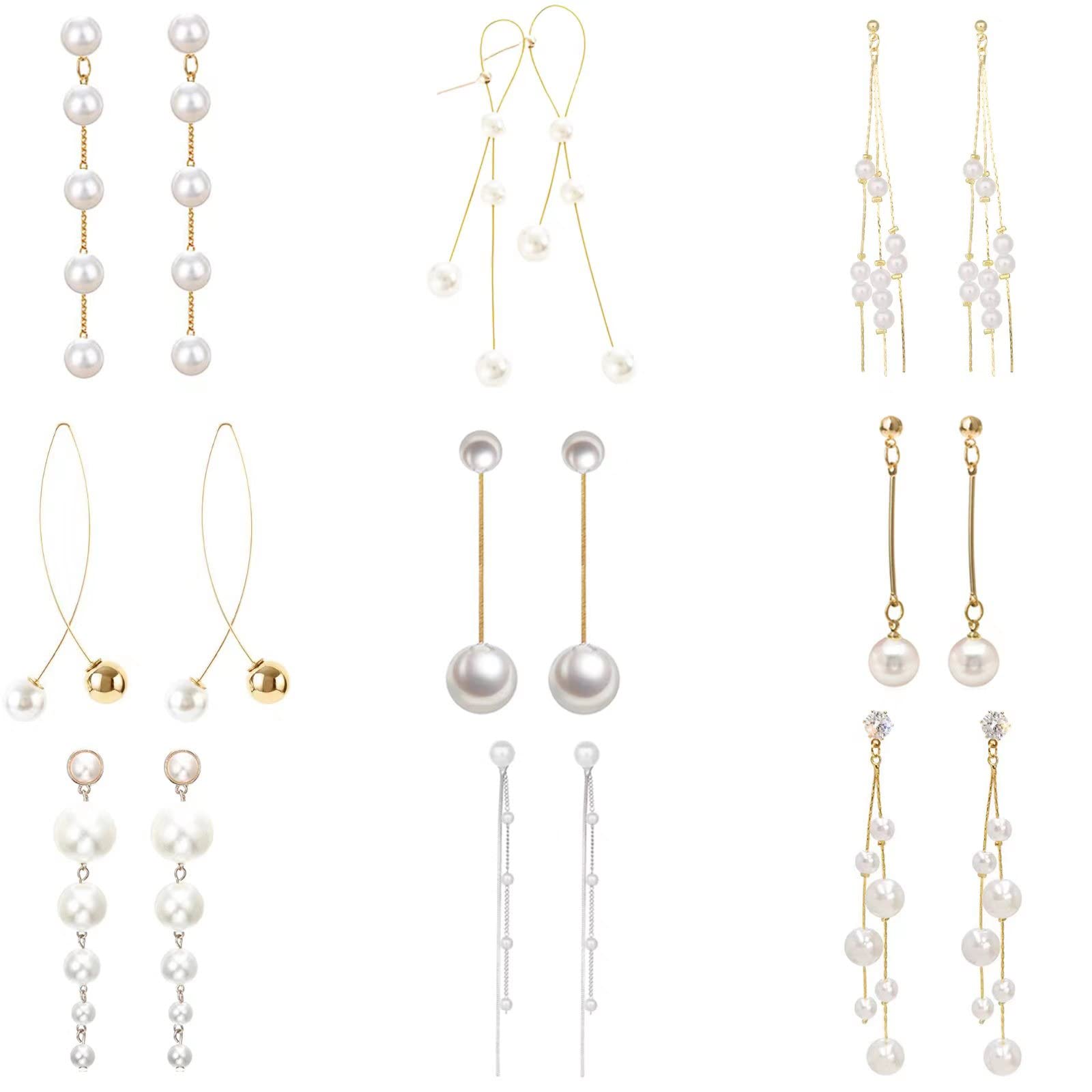 Svovin 9 Pairs Big Simulated Pearl Long Tassel Drop Earrings for Women Double Sided Front Back Pearl Earrings Cross Imitation Pearl Dangle Earring Set
