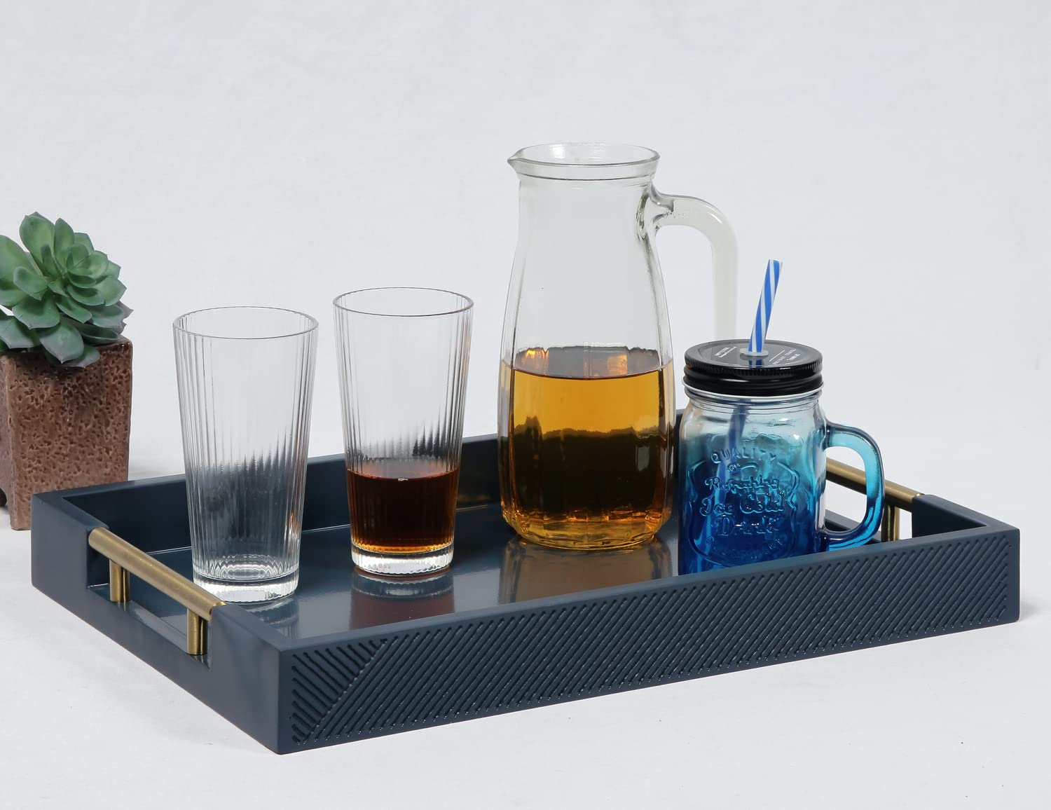 Serving Tray with Polished Metal Handles, 16.5''x12'' Rectangle Coffee Table Tray, Modern Decorative Tray, Large Ottoman Tray, Perfect for Storage and Display (Blue)