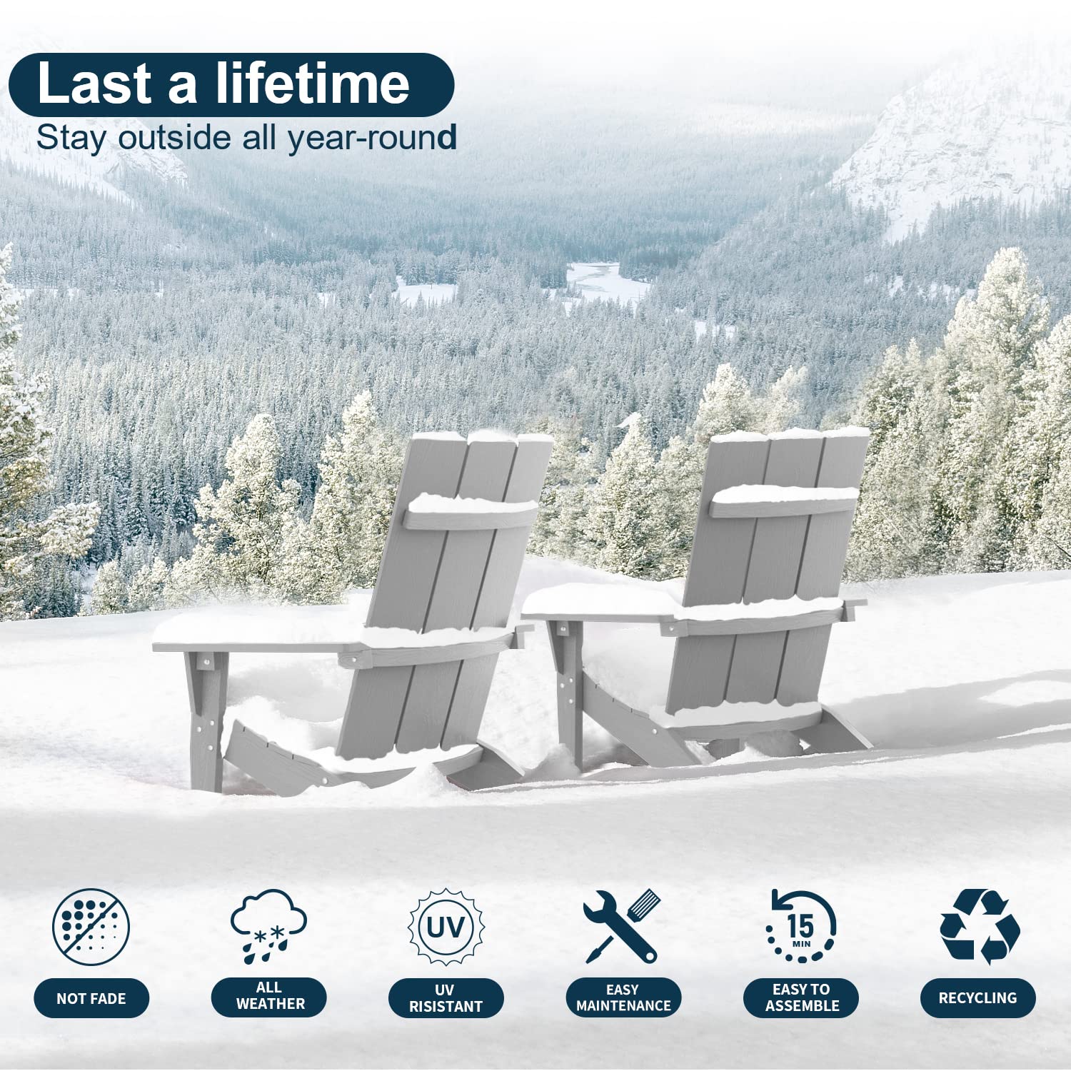 MXIMU 3-Piece Oversize Modern Adirondack Chair and Table Set, Fire Pit Seating, Foldable Outdoor Lounger Armchair, Lawn Chairs Furniture for Beach Poolside Balcony Patio Grey