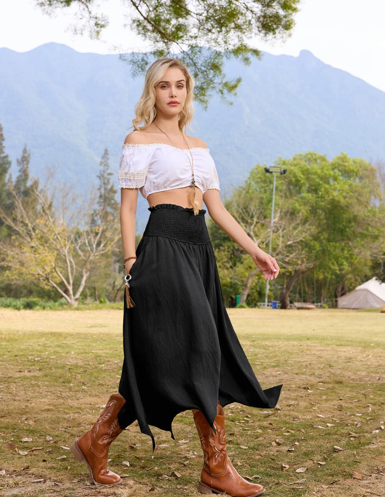 Women Handkerchief Hem Smocked Waist Maxi Skirt with Pockets Plus Size Black XXL