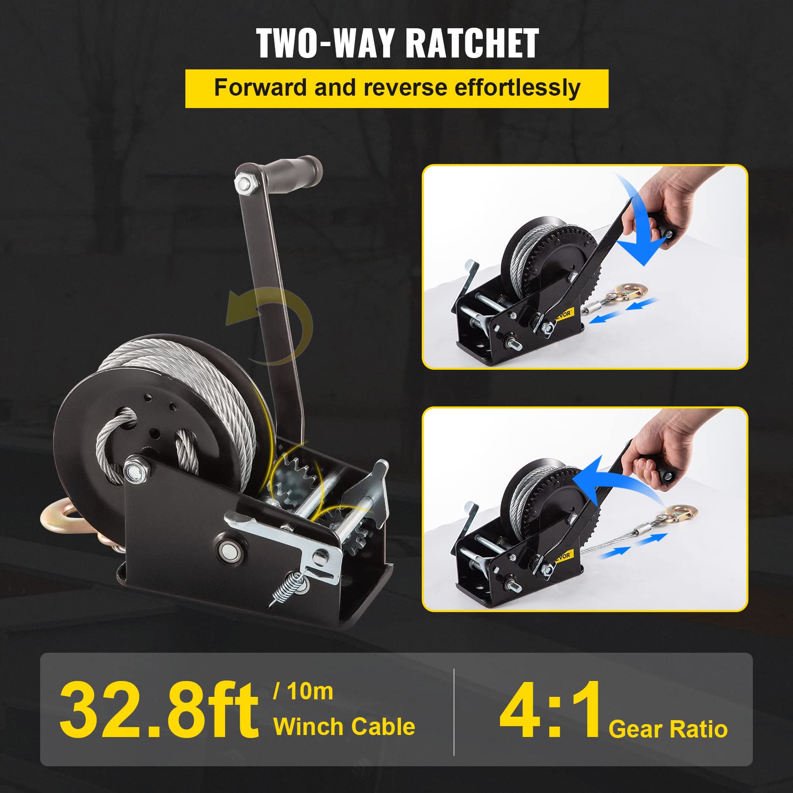 VEVOR Rope Crank, 3500 LBS Capacity Heavy Duty Hand Winch with 10 m(32.8 ft) Wire Cable and Alloy Hook, w/ 2-Gear Two-Way Manual Operated Ratchet, for ATVs Boats Trailers Trucks Auto Marine, Black