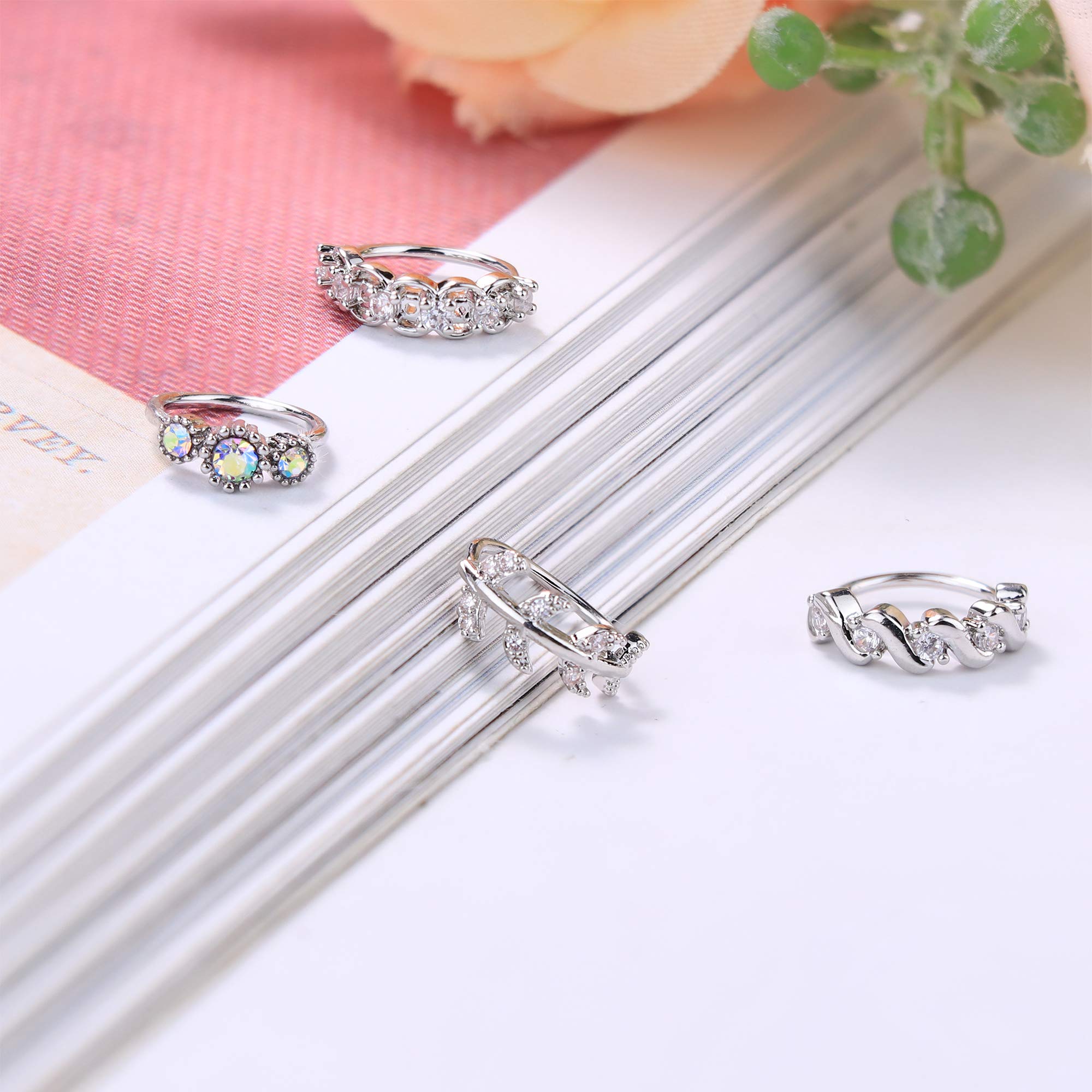 ORAZIO 8Pcs 20G Stainless Steel Nose Ring Hoop Paved CZ Leaf Cartilage Earring for Women Body Ear Piercing Hoop Ring for Nose Ear Cartilage
