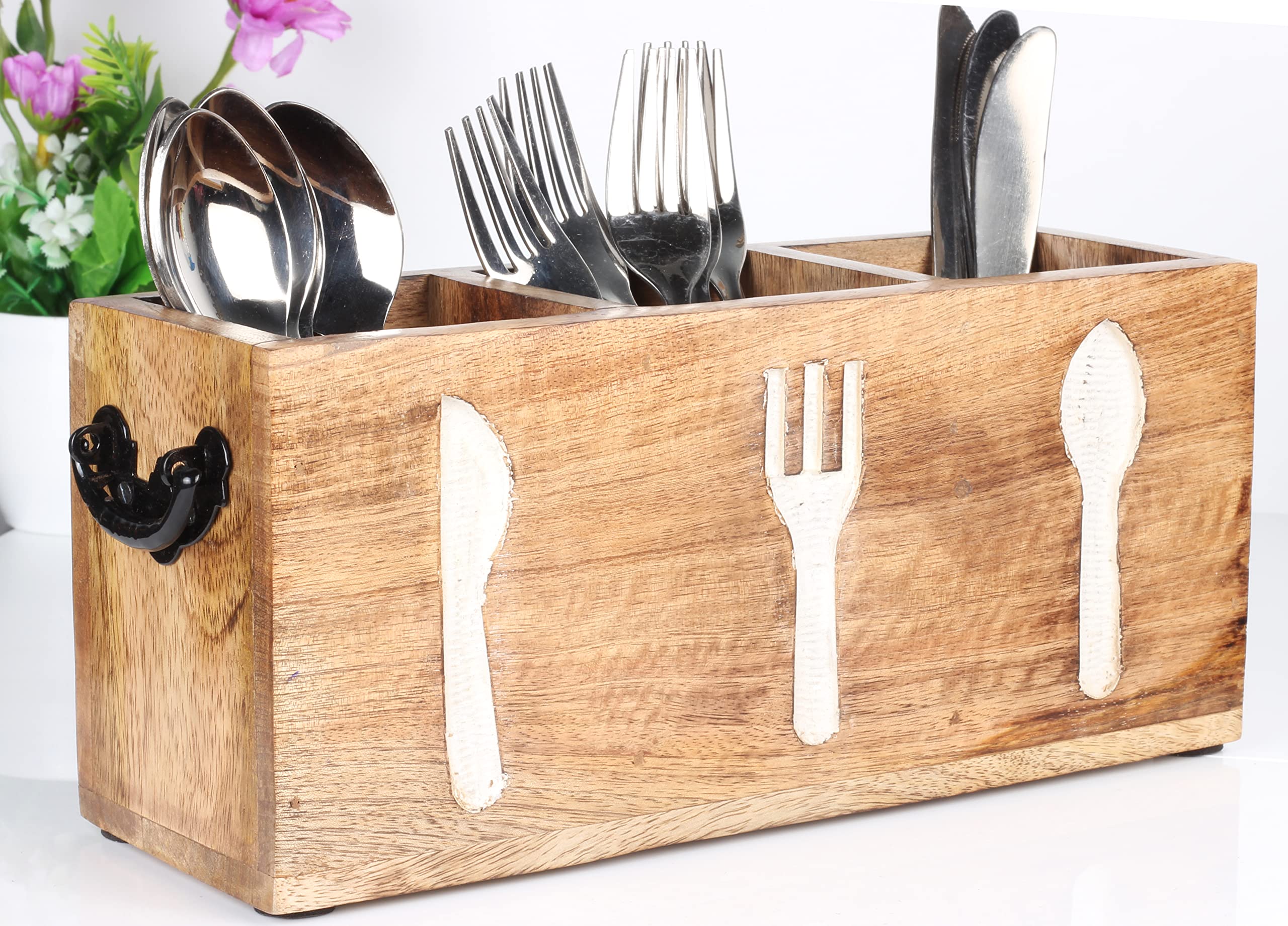 TrendBell Christmas Gift 3-Slot Wooden Utensil Caddy for Kitchen Countertop, Multi-Purpose Wooden Desk Organizer Work Desk, Bathroom, Cutlery Caddy, Office Supplies Organizer – 10.75 X 3.5 X 4 Inches