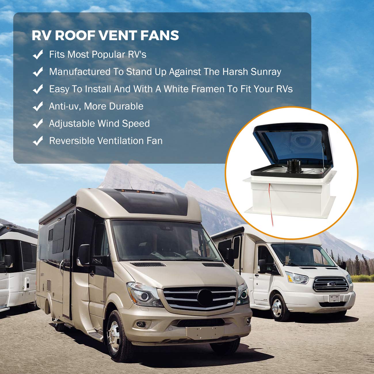 PARTOL Roof Vent for RV Fan 14β12V Automatic RV Roof Vent Fan Camper Motorhome Fan with Rain Sensor and Remote Controller, Two-Way Ventilation 3 Speed Reversible Airflow, Smoke Dome RV Vent Cover