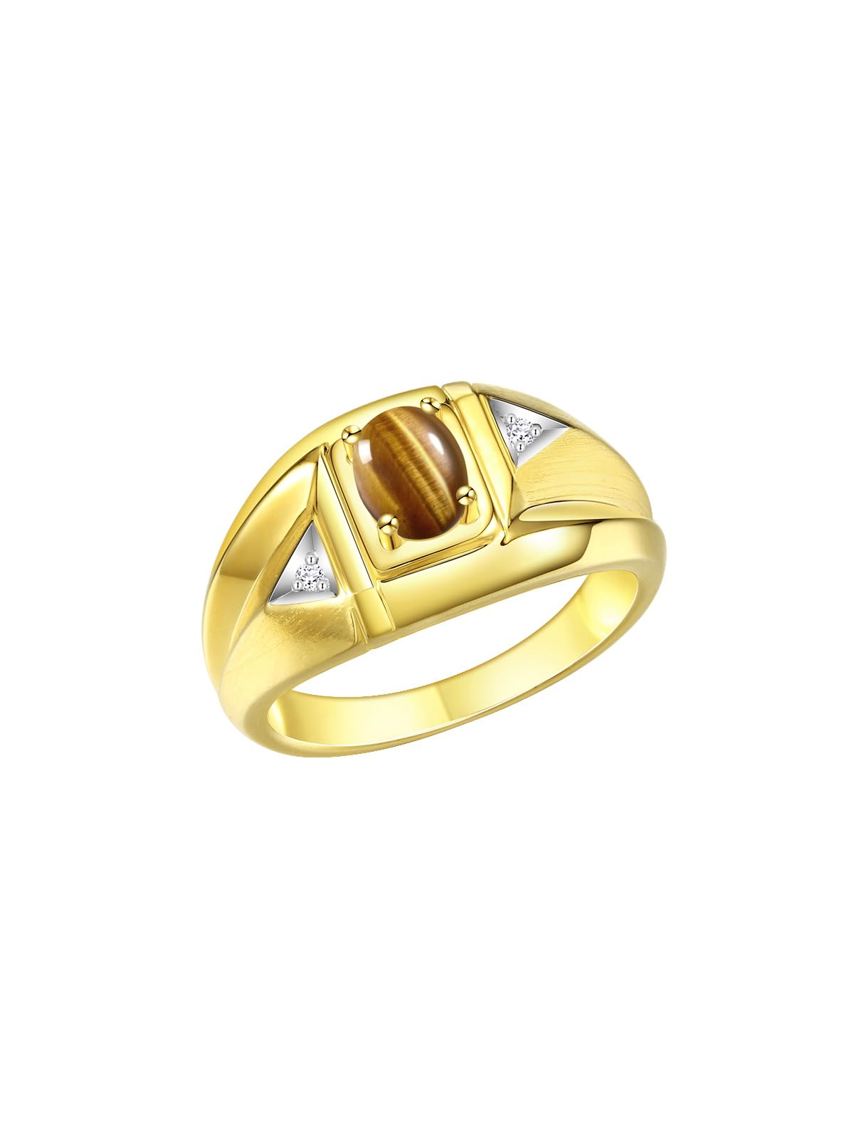 Rylos Yellow Gold Plated Silver Classic 6X4MM Oval Tigers Eye Gemstone & Sparkling Diamond Ring - Birthstone Jewelry for Men -Size 10