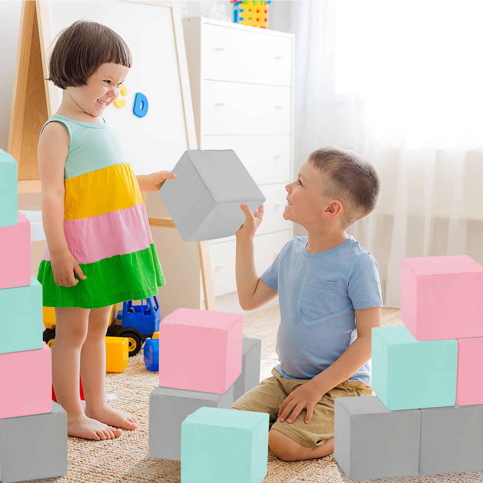 TRENDBOX 6 Pcs Toddler Foam Blocks, 5.5inch Soft Foam Cubes Blocks with Detachable Washable Cover, Soft Play Blocks for Toddlers and Kid (Light Gray/Pink/Blue)…