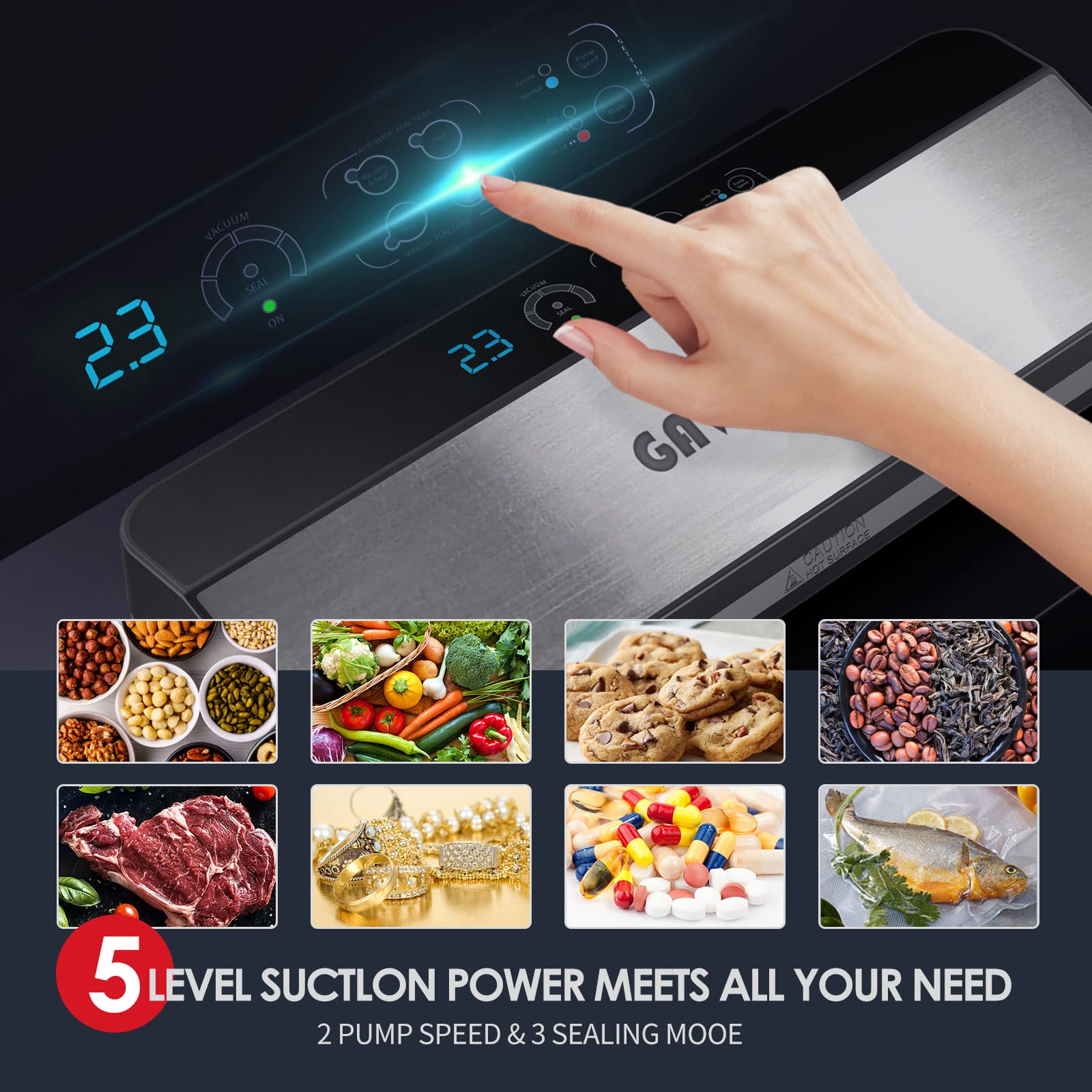 Vacuum Sealer Machine, Digital Display Food Sealer with Built-in Cutter and Bag Storage(Up to 20 Feet Length), Includes 2 Bag Rolls 11βx16β and 8βx16β, Lab Tested, LED Indicator Lights