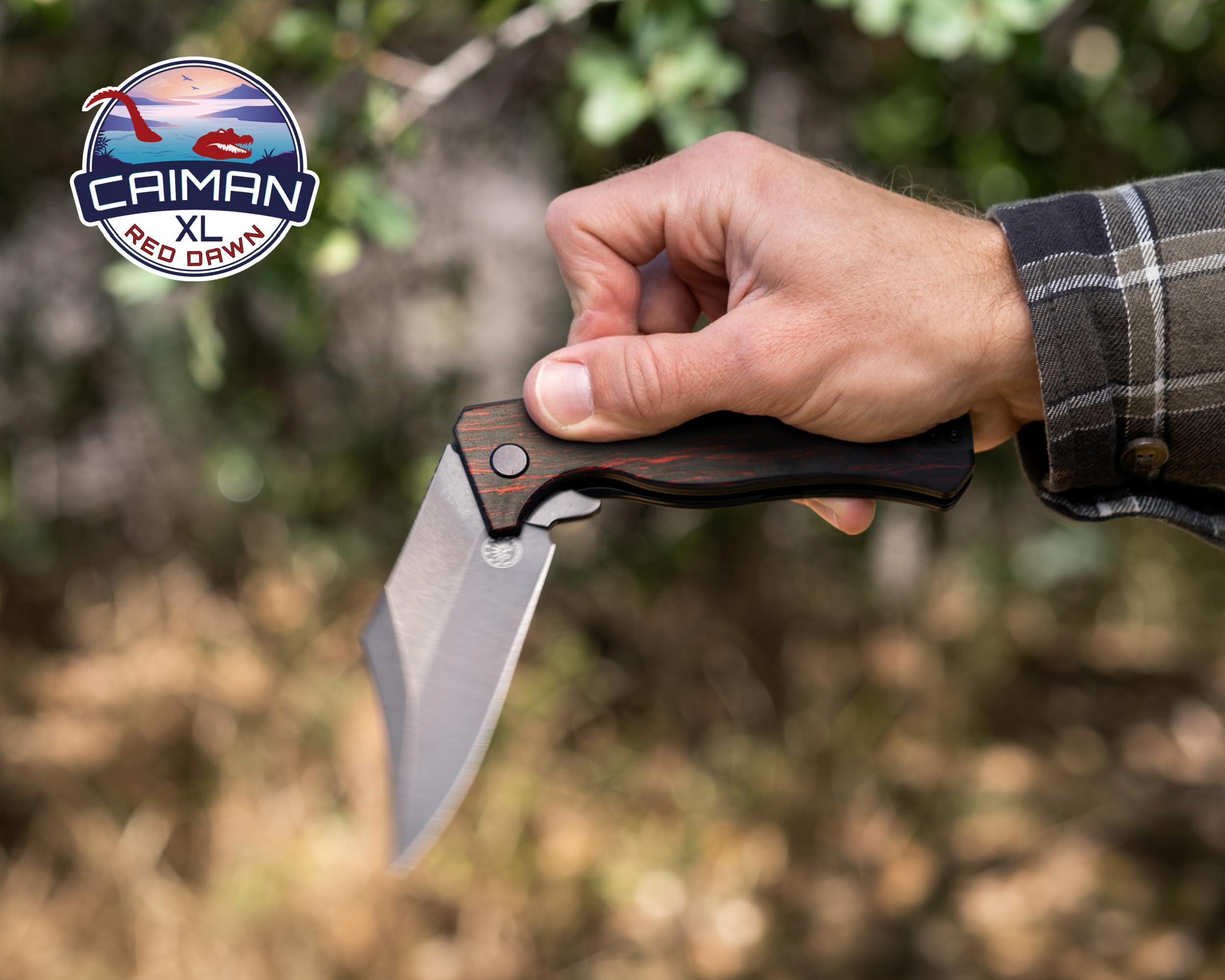 Off-Grid Knives - Caiman XL Red Dawn Edition, Folding Knife with Large Bowie Blade, Sandvik 14C28N Steel, Red & Black G10 Scales, Deep Carry Clip, Left & Right Carry