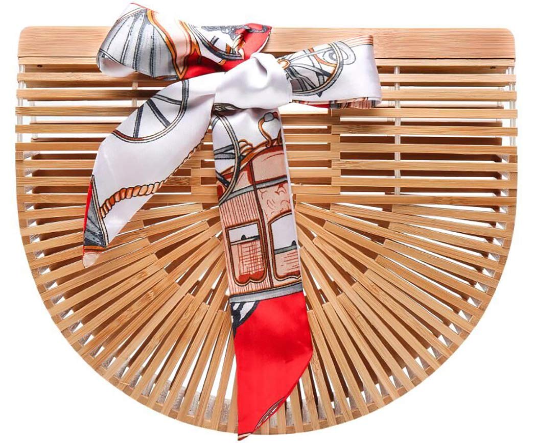 Obosoyo Women's Handmade Bamboo Handbag Summer Beach Sea Tote Bag Beige Small