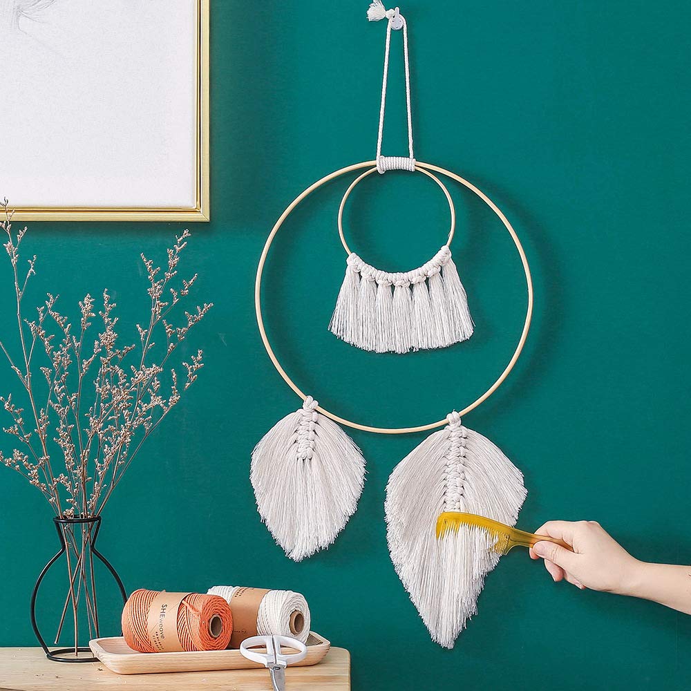 O-heart Macrame Wall Hanging, Woven Boho Chic Wall Decor Cotton Leaf Feather Bedroom Decor Large Wall Art Decor, Bohemian Home Decorations Wall Accent - Style 1