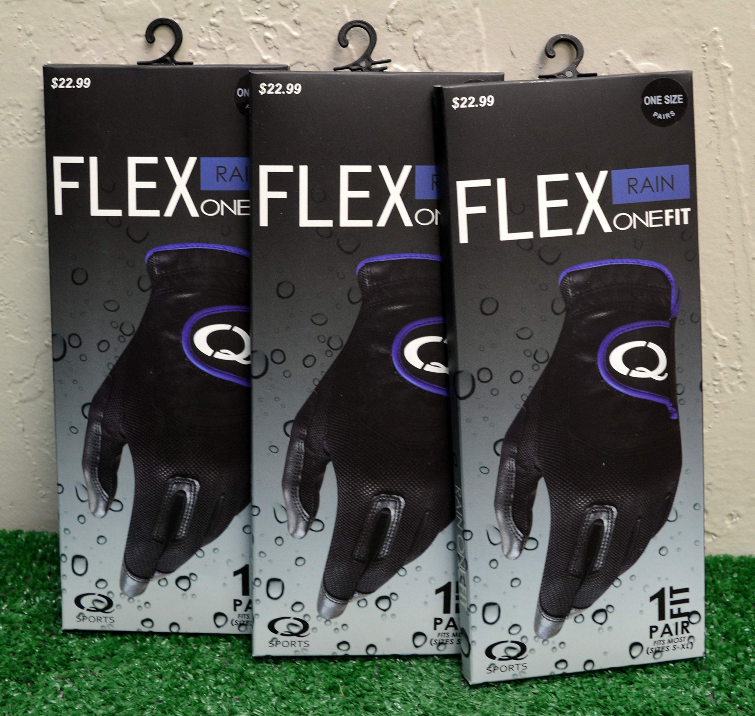 Q Sports Flex Rain One Size Golf Gloves - Black - 3 Pairs