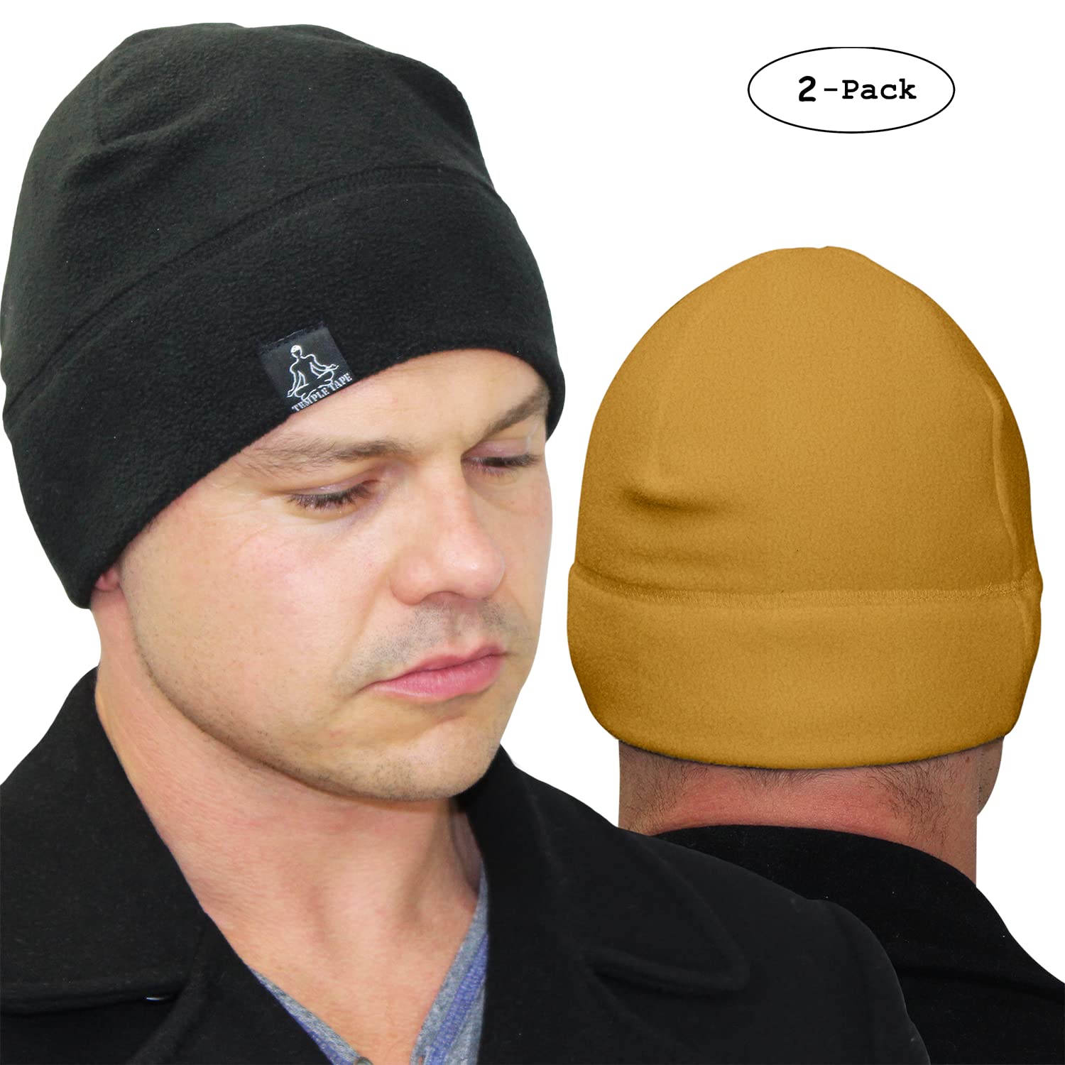Temple Tape Tactical Fleece Watch Cap Beanie β Skull Cap Fleece Hat - 2 Pack Black/Sand Brown - One Size (Fits Most Heads)