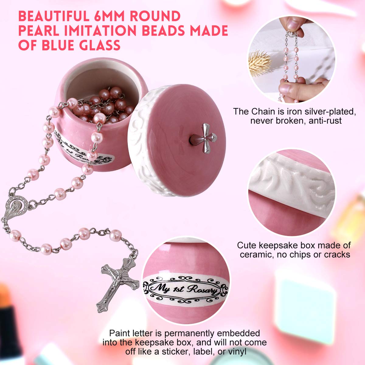 My First Rosary Cross for Girl Keepsake Box and Rosary Gifting Set, Pink