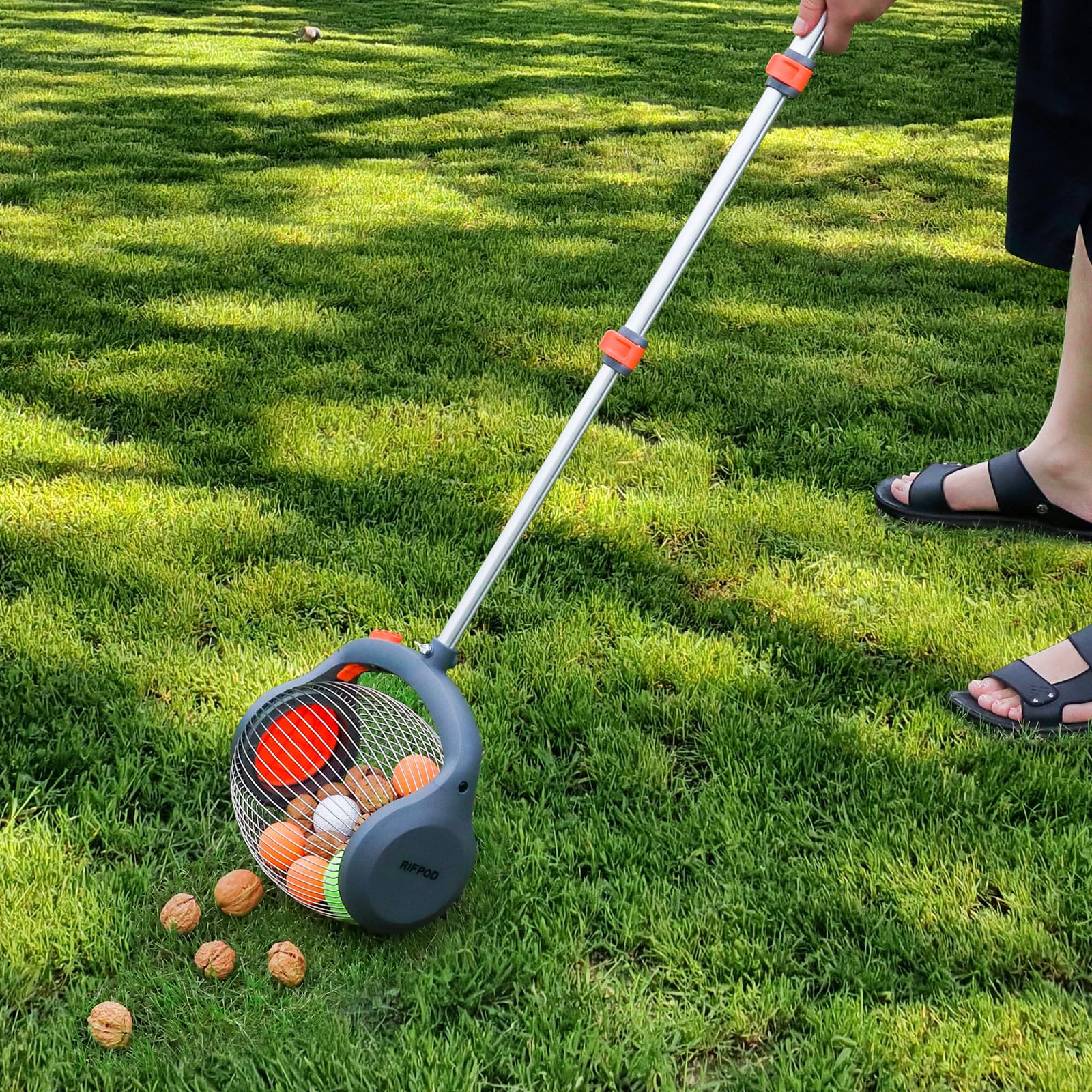 RIFPOD Nut Gatherer,Walnut Fruit Picker Upper,Foot-Operated Release Ball Picker Roller,Side Opening,Effortless Emptying,Suitable for 3/4" - 1.5" Pecan,Golf Balls,Chestnuts,Acorns,1 Gallon