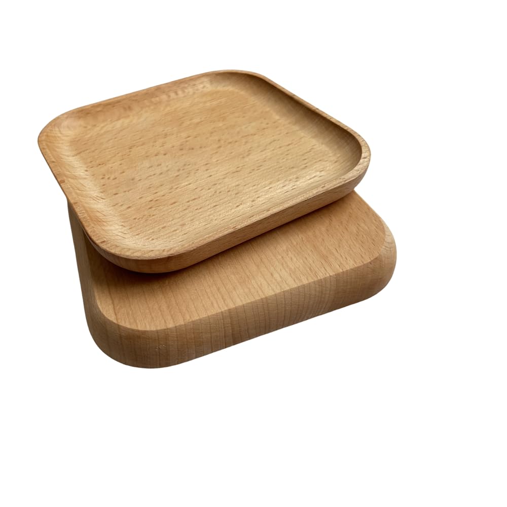 Set of 2 Square Decorative Tray 5''X5'' Tableware Serving Tray for Cake Coffee Tea Jewellery Key Coin Storage Natural Wood Dessert Tray, Wooden Cheese Plate