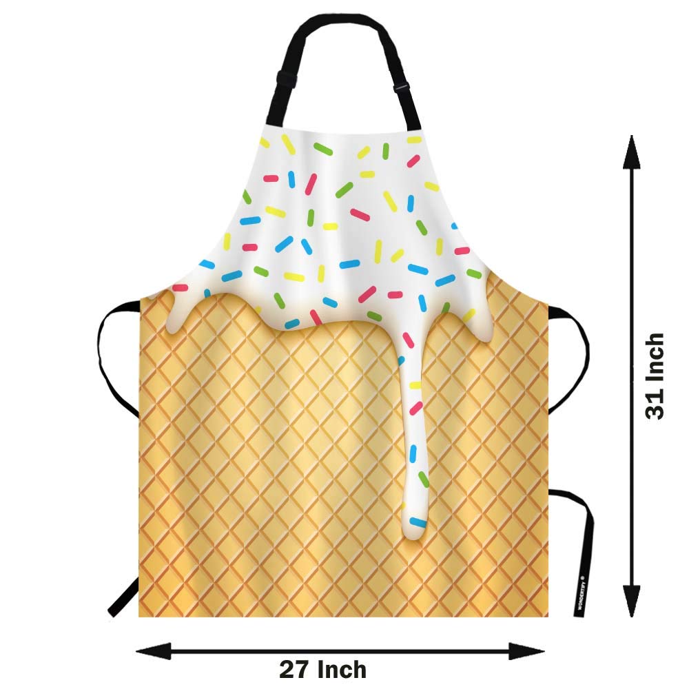 WONDERTIFY Ice Cream Apron,Cartoon Ice Cream Cone with Dripping White Glaze and Wafer Texture Bib Apron with Adjustable Neck for Men Women,Suitable for Home Kitchen Cooking Waitress Chef Grill Apron