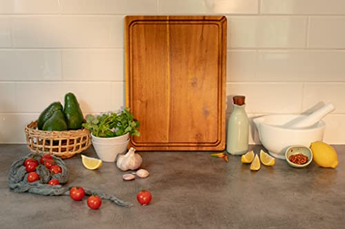 Viavel Large Acacia Wooden Cutting Board - Thick, Multipurpose & Reversible Wood Charcuterie Board for Chopping or Serving - 16 x 12 x 1.5 Inch - Deep Juice Grooves, Beautiful Gift !
