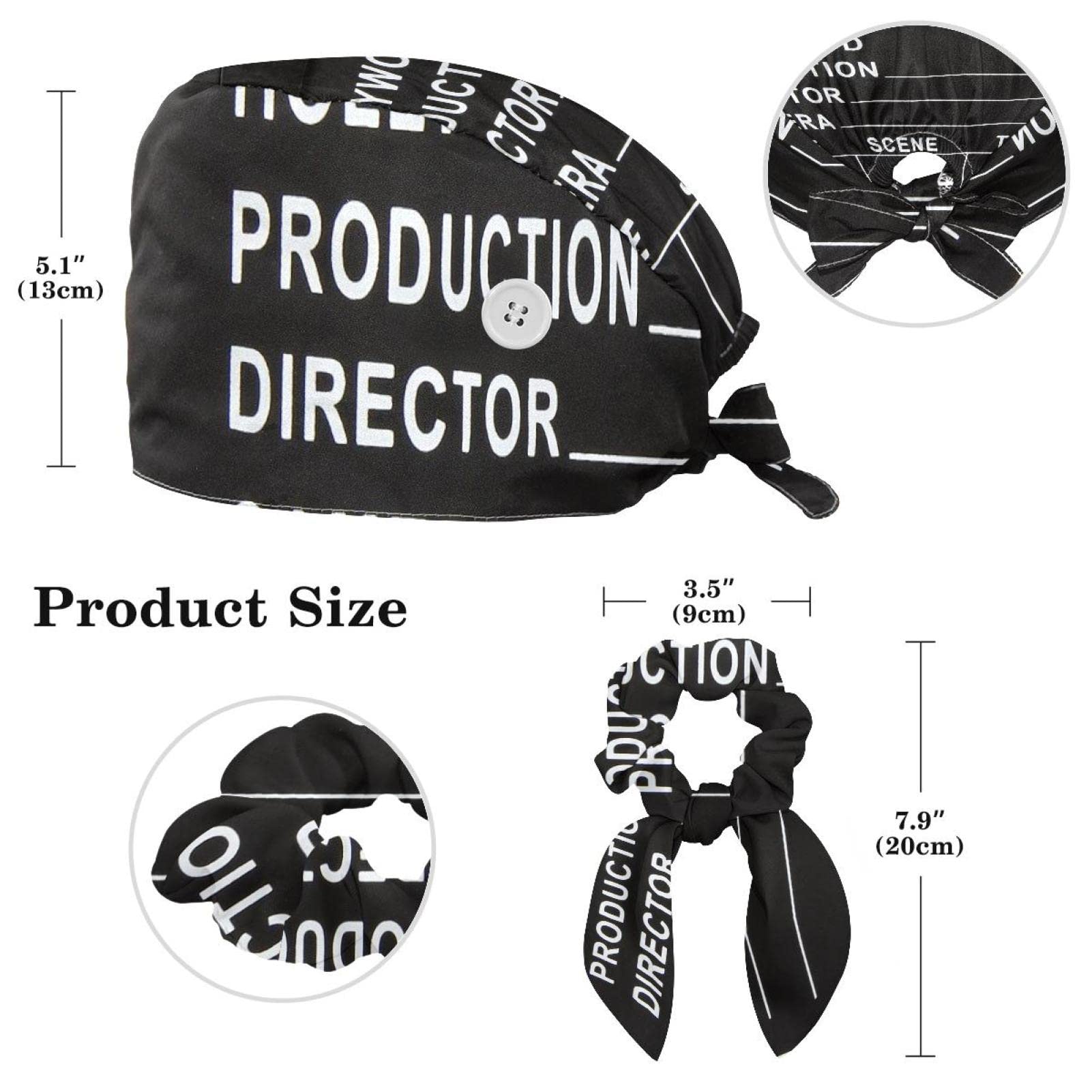 Movie Cinema Lapper Board Nurse Scrub Caps Women Long Hair Adjustable Working Cap with Button and Bow Hair Scrunchie