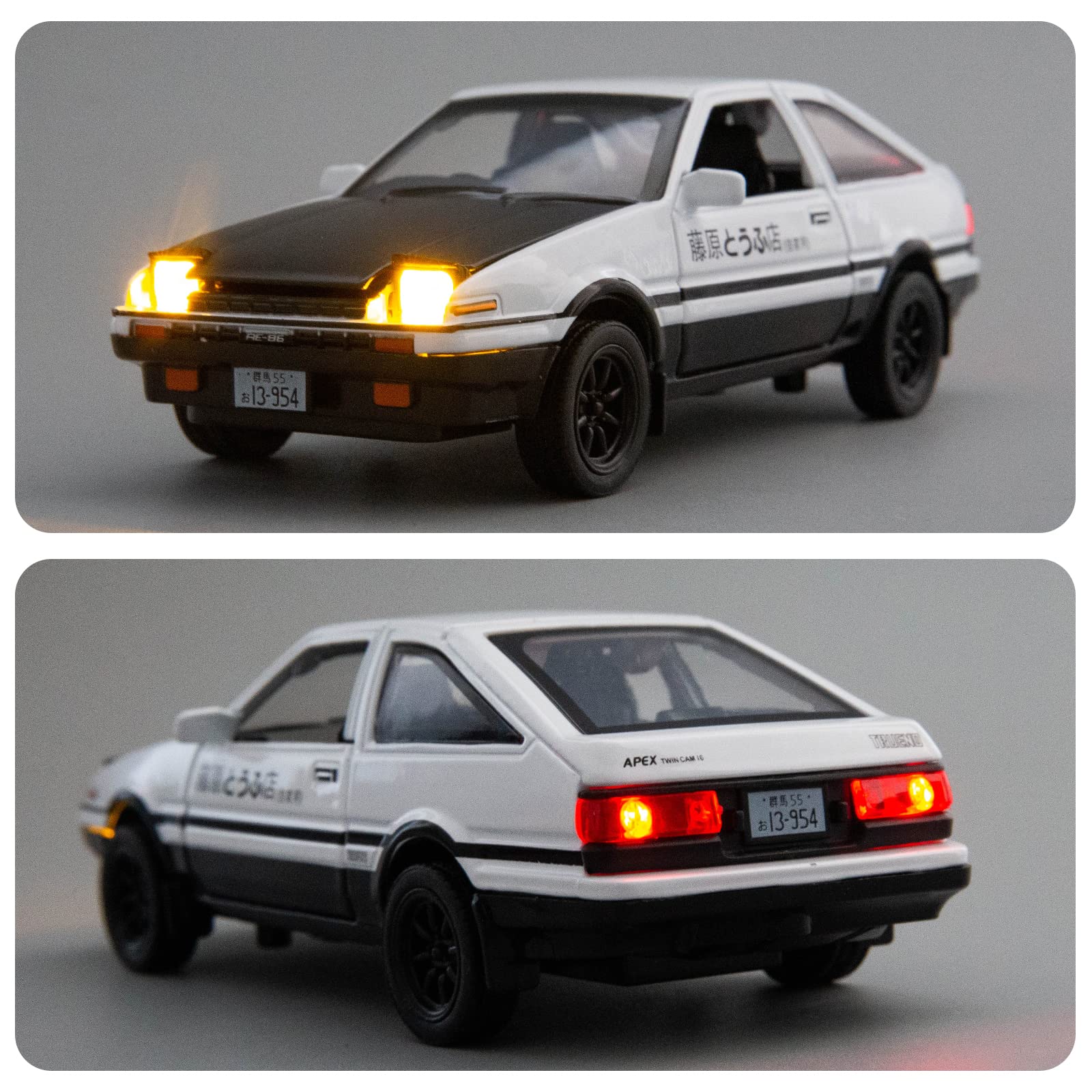 WAKAKAC Initial D AE86 Diecast Car Model Alloy Collectible Pull Back Toy Car with Light and Sound Toy Vehicle Door Can Be Opened(White&Black)
