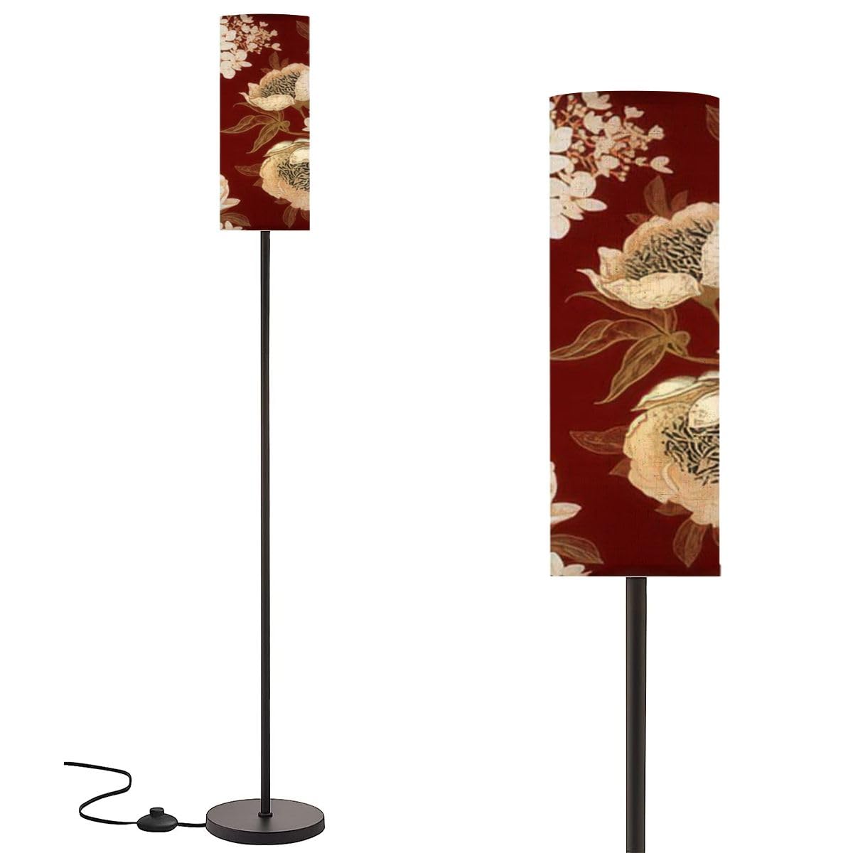 Modern Standing Lamps Peonies hydrangea Floral vintage Gold white bouquets Minimalist Floor Lamp Metal Pole Lamp with Linen Lampshade for Bedroom Living Room Office Nursery Reading Foot Switch