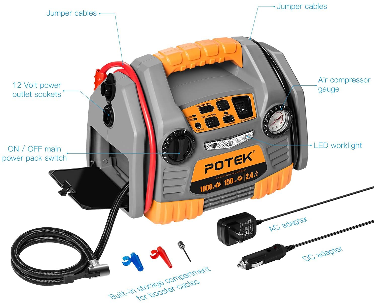 POTEK Jump Starter Source with 150 PSI Tire Inflator/Air Compressor,900 Peak Amps Power Station with 2.4A USB Port
