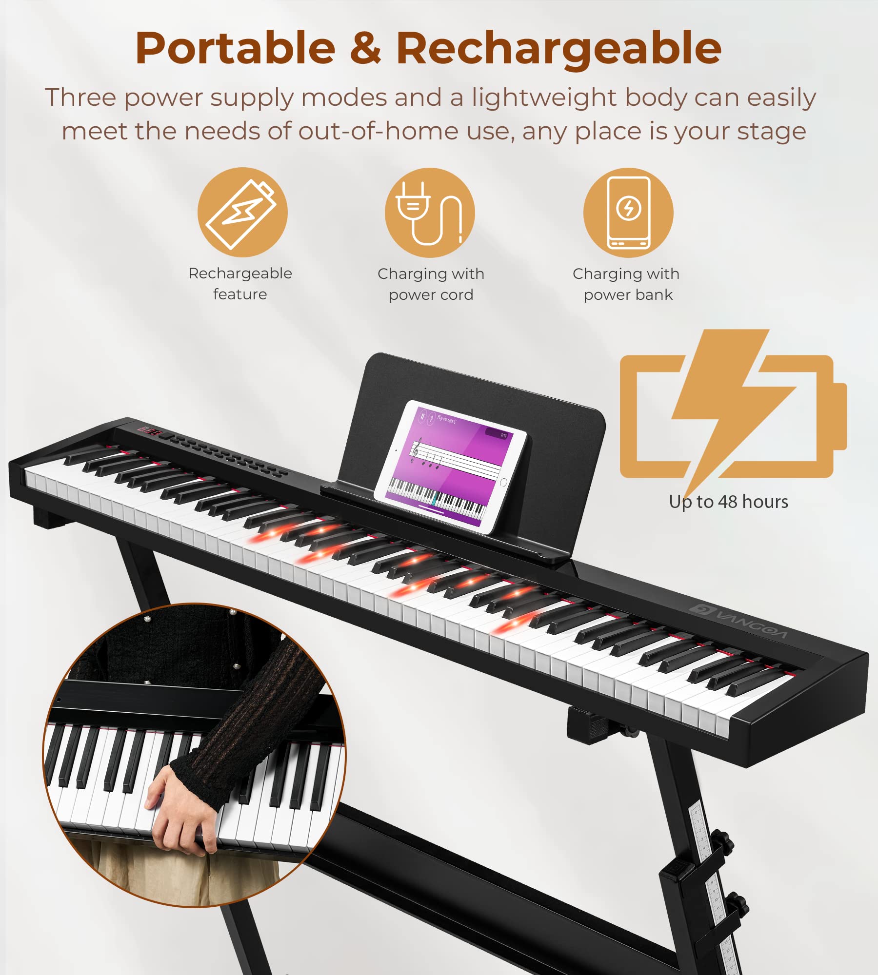 Vangoa Portable Piano Keyboard for Beginner, 88 Lighted Keys for Learning Full Size Piano, Wireless Connection, Sustain Pedal, Power Supply and Gig Bag, Black