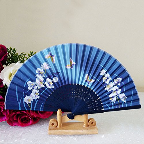 TEEGUI Pattern Folding Dance Wedding Party Lace Silk Folding Hand Held Flower Fan Door Frame Fan (A, One Size)
