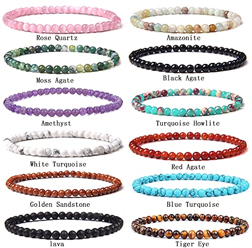 SAMOCO 12Pcs 4MM Mini Semi Precious Gemstone Energy Bracelets for Women Tiny Bracelet Natural Stone Statement Bracelet Charm Beaded Couples Bracelets
