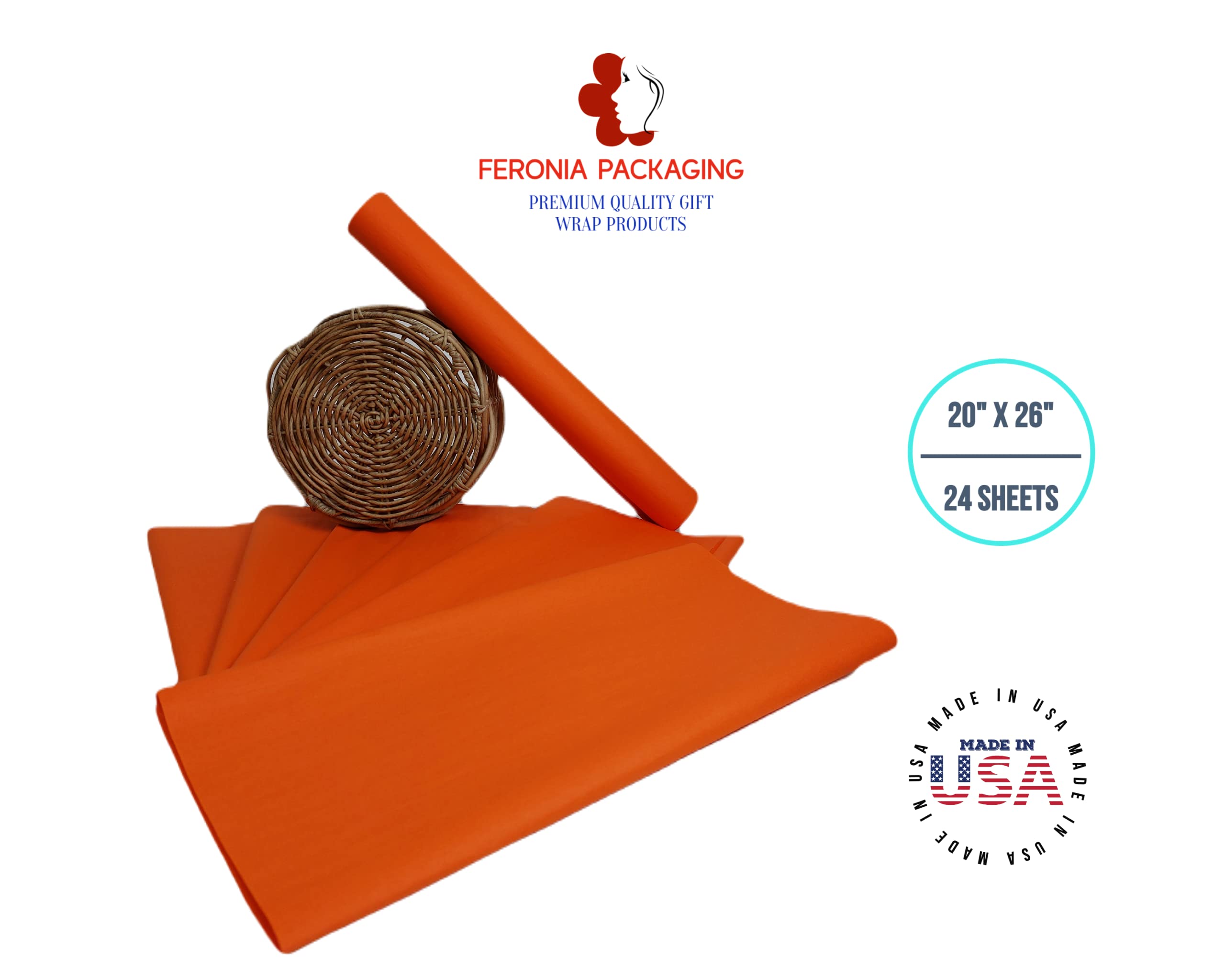 Orange Tissue Paper Squares, Bulk 24 Sheets, Premium Gift Wrap and Art Supplies for Birthdays, Holidays, or Presents by Feronia packaging, Large 20 Inch x 26 Inch