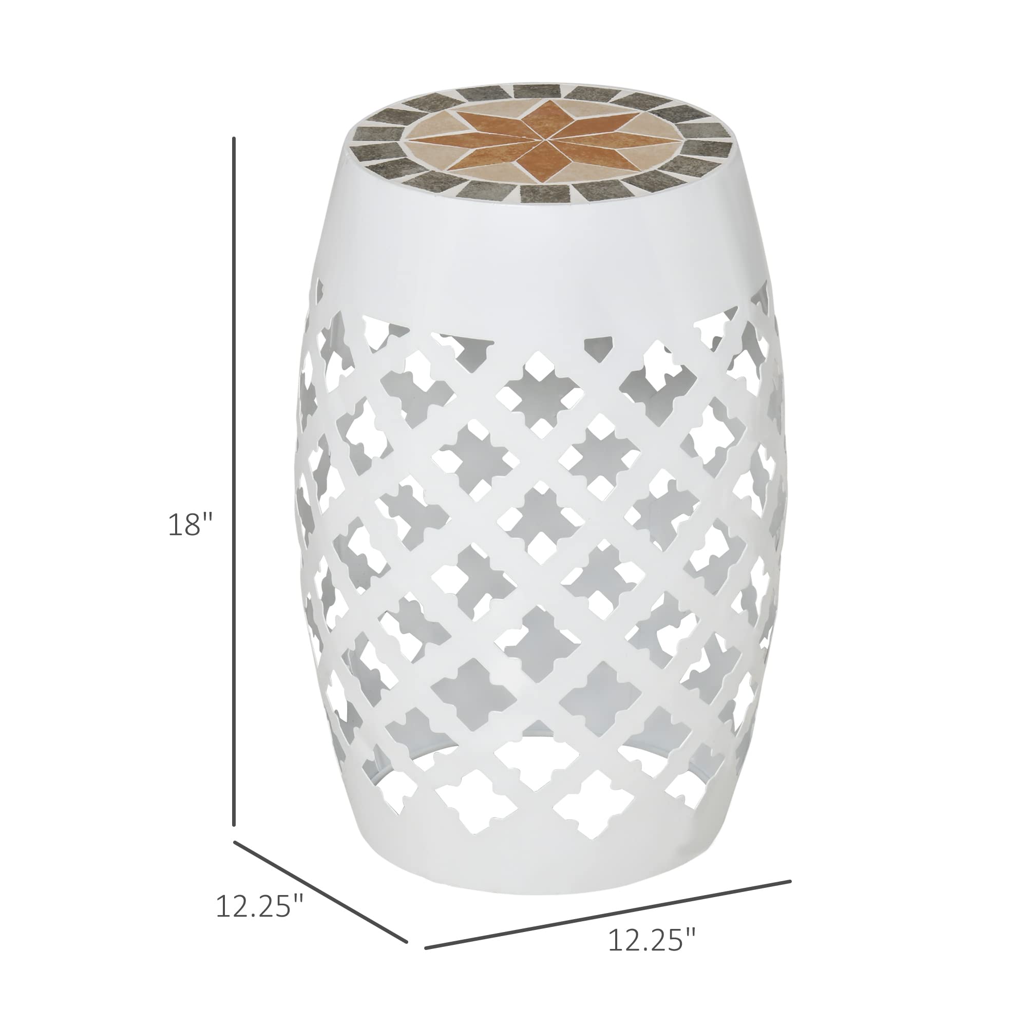 Outsunny 12" Patio Round Side Table, Outdoor Footstool, Garden Mosaic Accent Side Table, Plant Stand, White