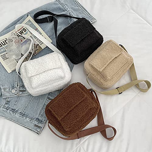 Women Plush Shoulder Bag Crossbody Handbag Lamb Wool Messenger Bag Fluffy Tote Bag (Khaki, One Size)