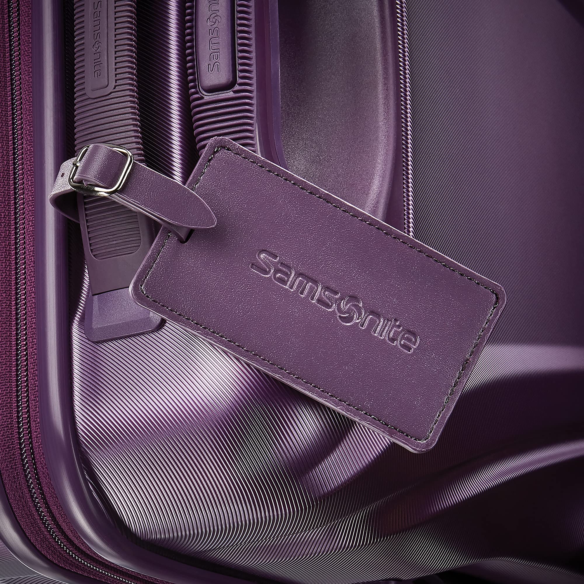 Samsonite Xcalibur XBT Spinner Hard Side Wheeled Carry On Travel Suitcase with USB Charging Port, Packing Cubes, and Adjustable Handle, Purple