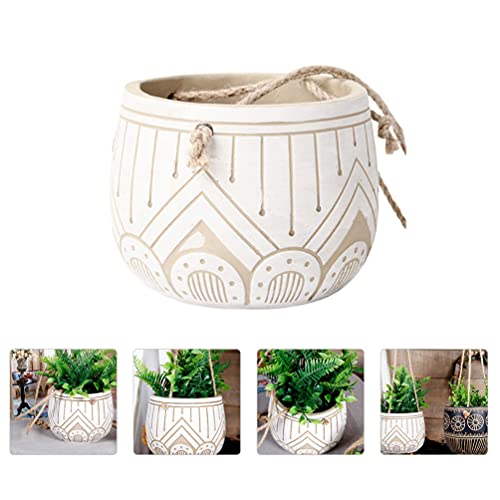 Yardwe 1pc Geometric Line Flowerpot Succulent Hanging Planter Ceramic Planter Suspension Plant Container Flower Pot Vase Planter Pots for Indoor Plants Flower Bed Bonsai Cement White