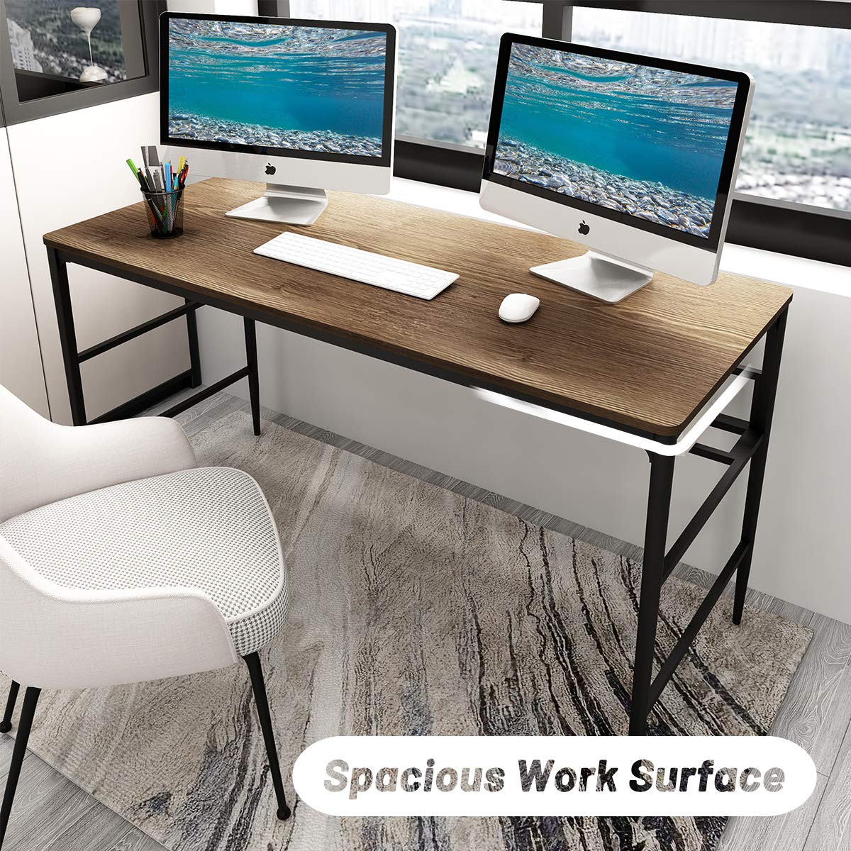 O&K FURNITURE Computer Desk with Book Shelf,55 Inch Study Writing Table, PC Laptop Desk for Home Office Workstation,Rustic Brown