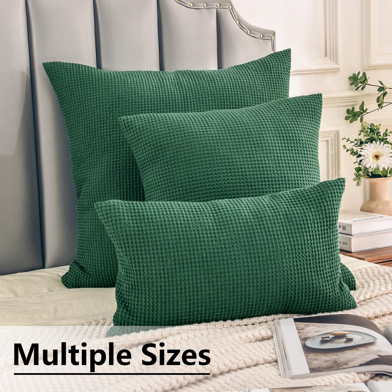 NEXHOME PRO 100% Cotton Waffle Weave Throw Pillow Covers 20x20 Inch Set of 2, Home Decorative Pillow Shams Cases 2 Pack for Bed Couch Sofa Car, No Insert, White Beige