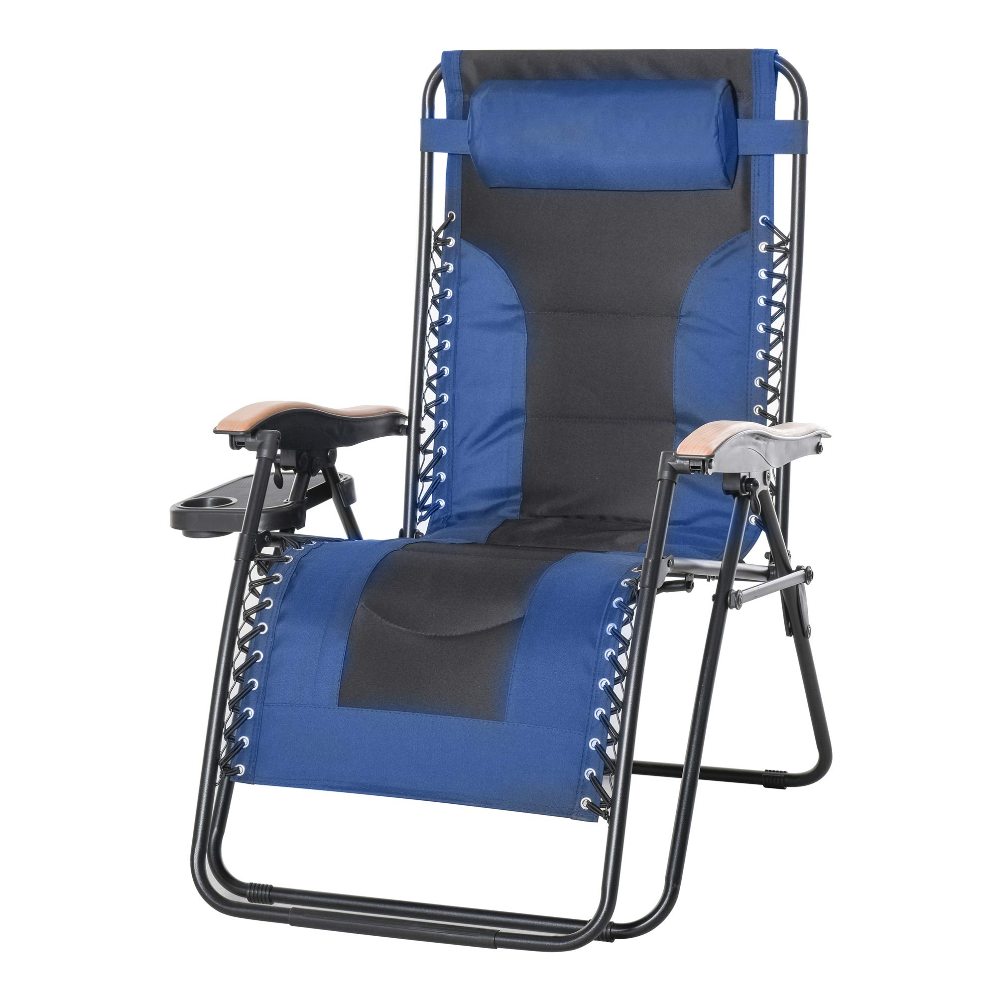 Outsunny Foldable Outdoor Lounge Chair with Footrest, Oversized Padded Zero Gravity Lounge Chair with Headrest, Cup Holders, Armrests for Camping, Lawn, Garden, Pool, Blue