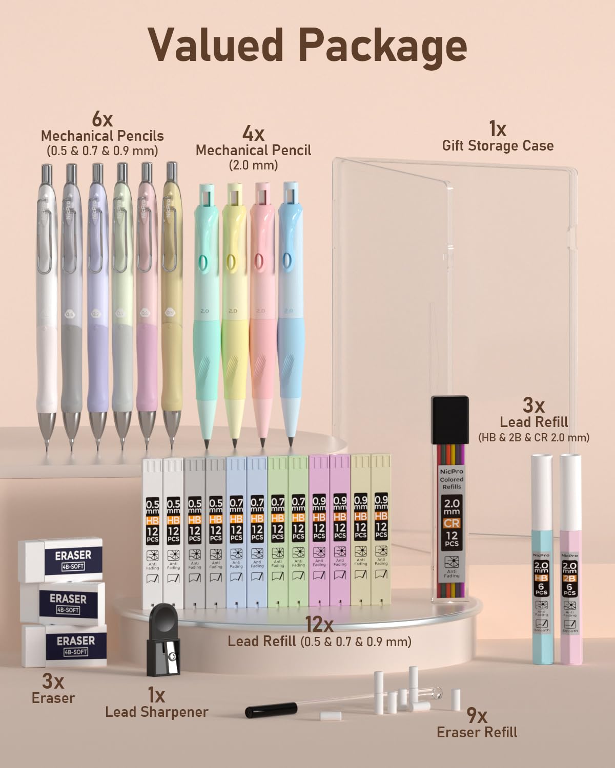 Nicpro 31PCS Pastel Mechanical Pencil Set in Case, Cute Mechanical Pencils 0.5, 0.7, 0.9 mm & 2.0 mm with 15 Tube (HB 2B Colors)Lead Refills, 3 Erasers, Aesthetic School Supplies for Writing Sketching
