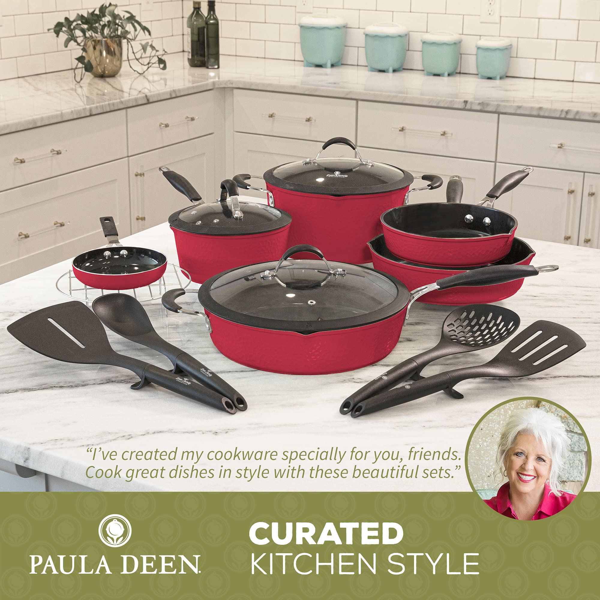 Paula Deen Family 14-Piece Ceramic, Non-Stick Cookware Set, 100% PFOA-Free and Induction Ready, Features Stay-Cool Handles, Dual Pour Spouts and Kitchen Tools (Sea Glass)