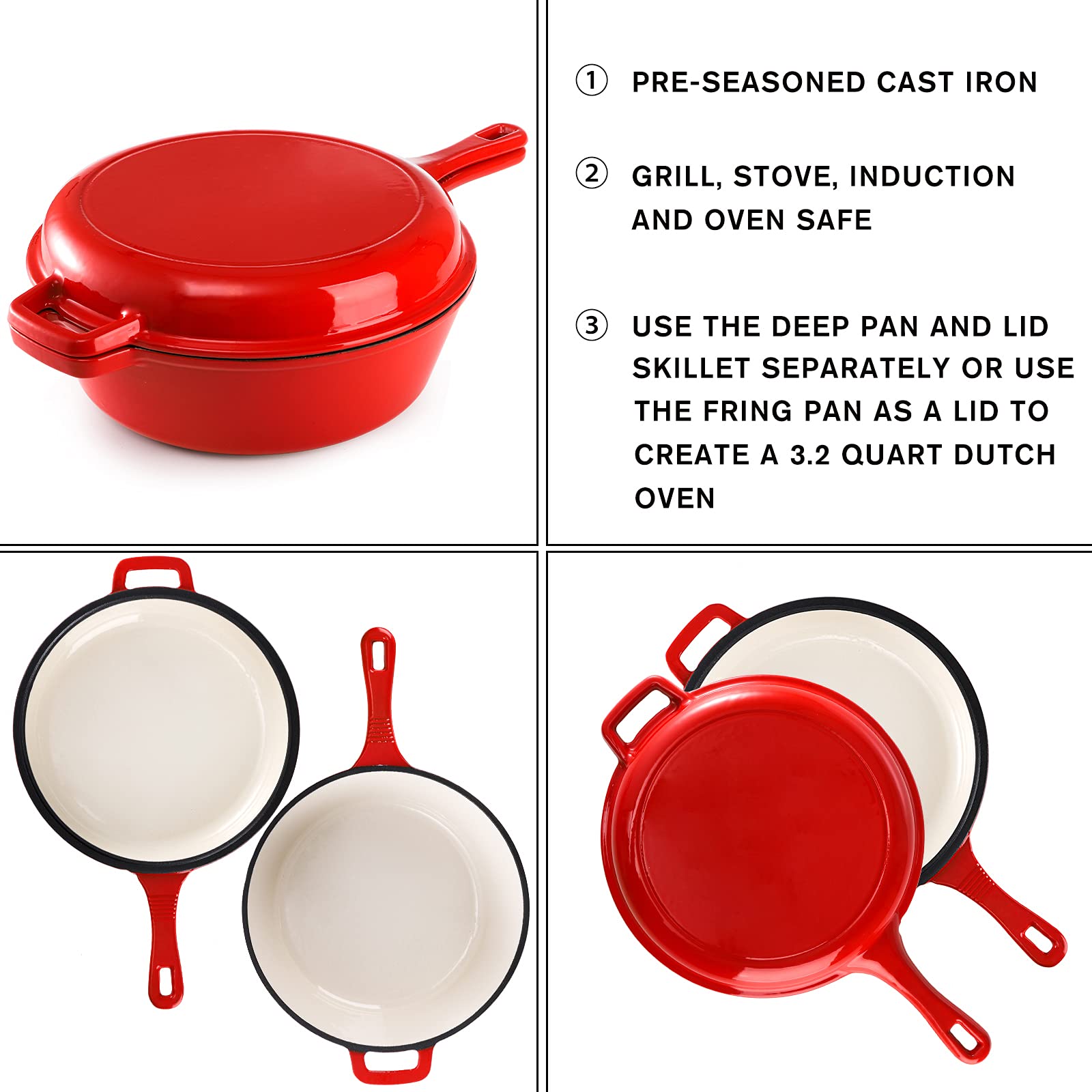 Suwimut Enameled 2-in-1 Cast Iron Multi Cooker, 3.2 Quart Red Heavy Duty Deep Skillet and Lid Set Dutch Oven Frying Pan, Non-Stick Kitchen Cookware Grill, Stovetop, Induction, Oven Safe