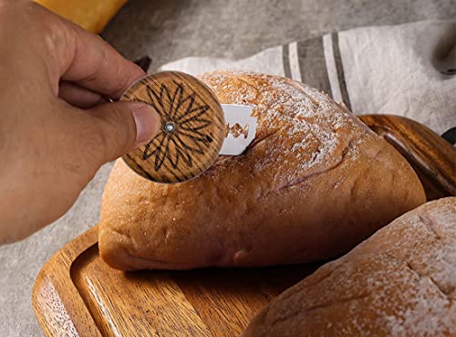 Wood Bread Lame Slashing Cutter Tool, Bamboo Hand Crafted Dough Sourdough Scoring Knife Making Slasher Lame Bread Tool for Bread Bakers with 5 Replaceable Razor Blades and Storage Cover (Sunflower)