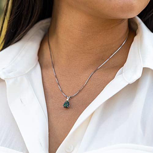 PEORA 14K White Gold Created Black Opal with Genuine Diamond Pendant for Women, Elegant Teardrop Solitaire, Pear Shape, 10x7mm, 1 Carat total