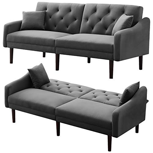 Olela Futon Sofa Bed Convertible Couch Bed with Armrests Modern Living Room Velvet Sofa Bed, Folding Recliner Futon Couch Sleeper Set with Wood Legs,Grey