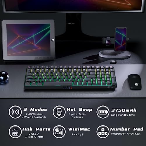 RK ROYAL KLUDGE RK100 2.4G Wireless/Bluetooth/Wired RGB Mechanical Keyboard, 100 Keys 3 Modes Connectable Hot Swappable Brown Switch Gaming Keyboard for Win/Mac