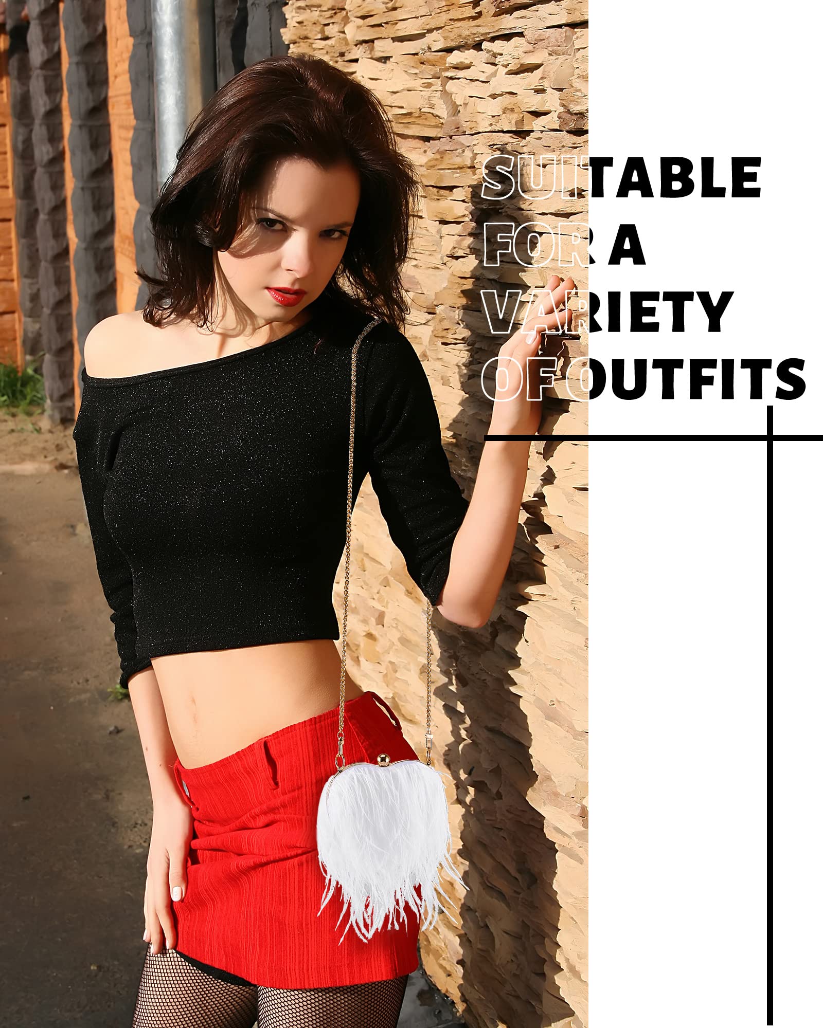Women Ostrich Feather Tote Bag Heart Shaped Fluffy Purse Clutch Feather Purse Feather Evening Handbag for Wedding Party(White)