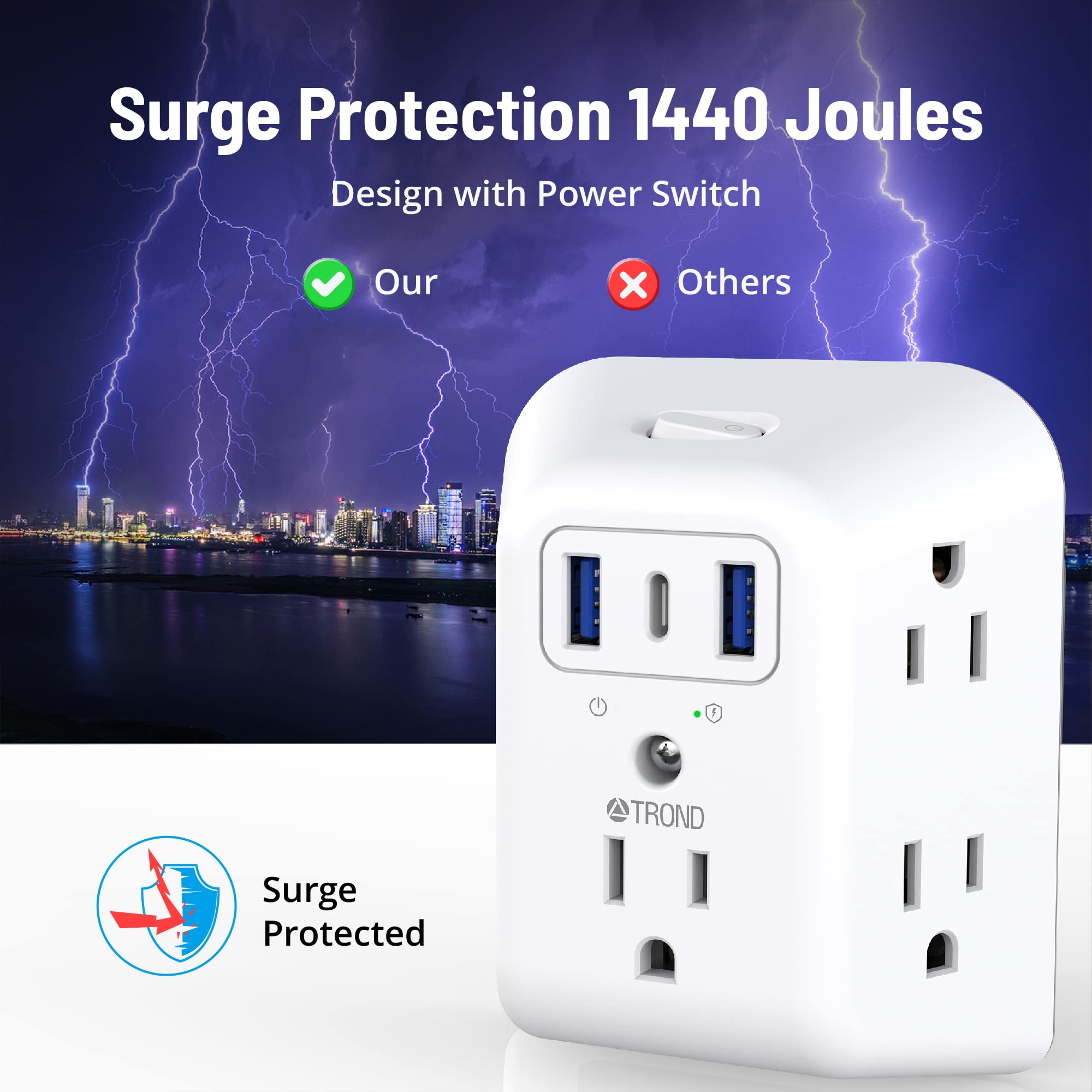 TROND Surge Protector Outlet Extender - 5 Outlet Splitter with 3 USB Ports (1 USB C), Multi Plug Outlet Expander with ON/Off Switch, 3 Sided Multiple Wall Plug Power Strip for Home Travel Office