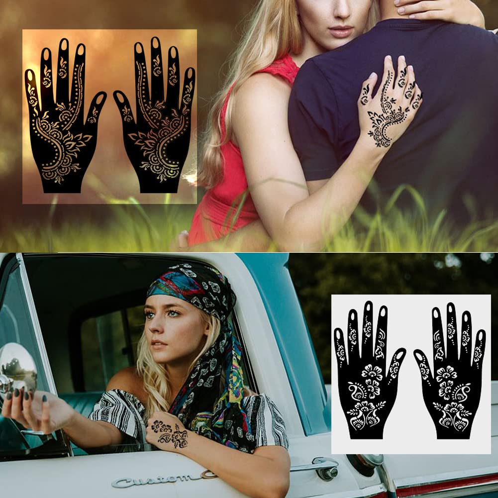 QSTOHENA Henna Tattoo Stencils kit, 12 Sheets Temporary Tattoo Stickers for Women Girls Indian Arabian Reusable Hand Tattoo Templates