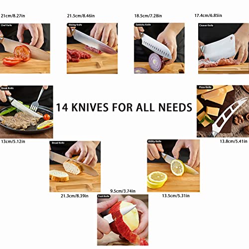 Wood Knife Block Set, 18 Pieces Kitchen Knife Set With Acacia Wood Knife Block, Cutlery With Knife Sharpener&14 Knives, Shear and 1pcs Bamboo Cutting Board Included For KitchenâŚ