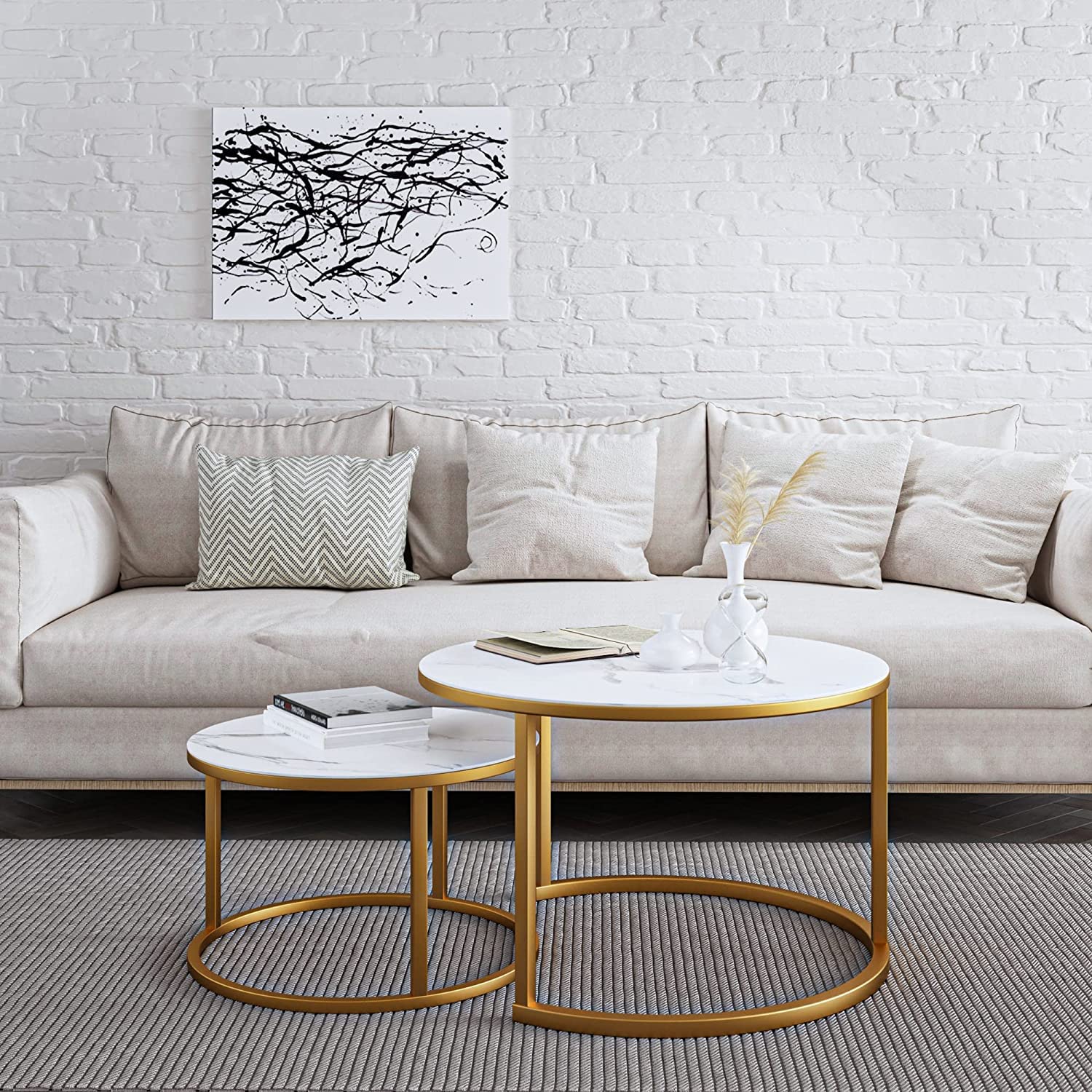 Nesting Coffee Table for Living Room, Set of 2 Modern Round Accent Table, Slate Center Table with Sturdy Metal Frame for Small Space, Easy to Assemble (White)